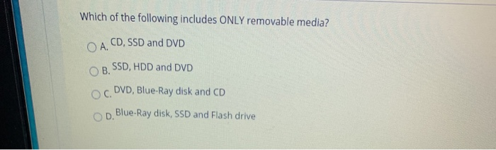 Solved Which of the following includes ONLY removable media? | Chegg.com