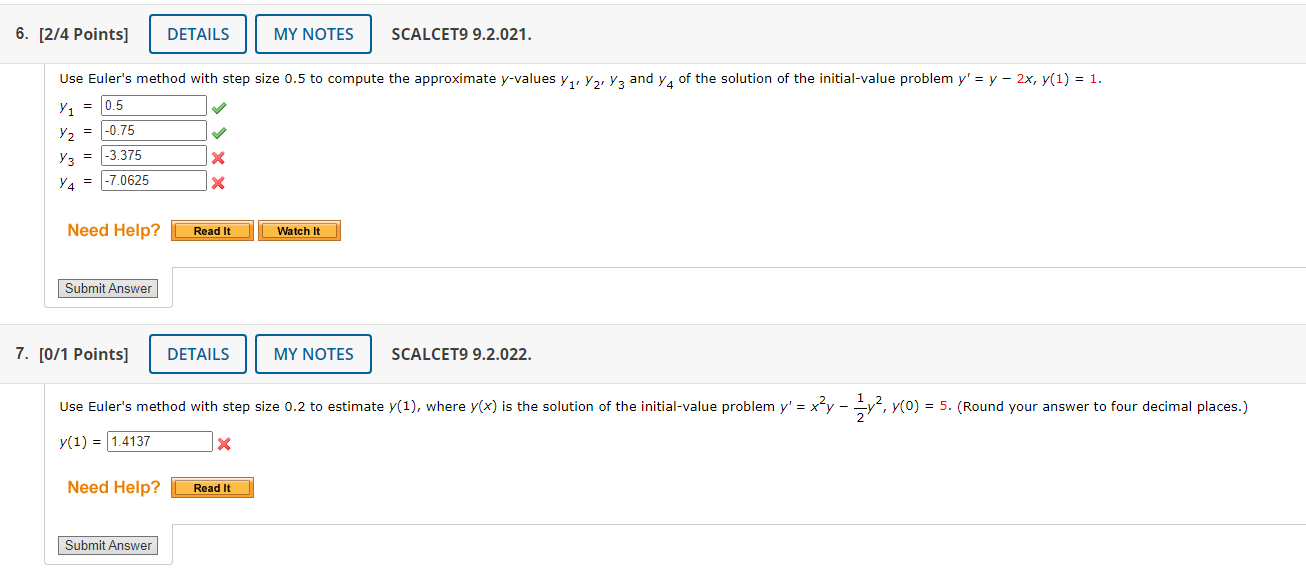 Solved [2/4 ﻿Points]SCALCET9 9.2.021.Use Euler's method with | Chegg.com