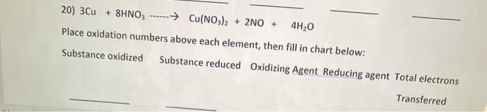 Solved 20) 3Cu + 8HNO3 -→ Cu(NO3)2 + 2NO + 4H20 Place | Chegg.com