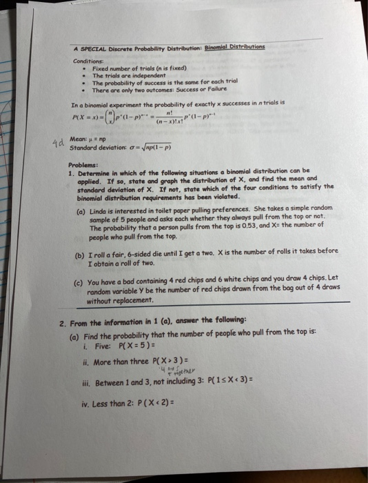 Solved A SPECIAL Discrete Probability Distribution: Binomial | Chegg.com