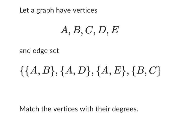 Solved Let a graph have vertices A,B,C,D,E and edge set | Chegg.com