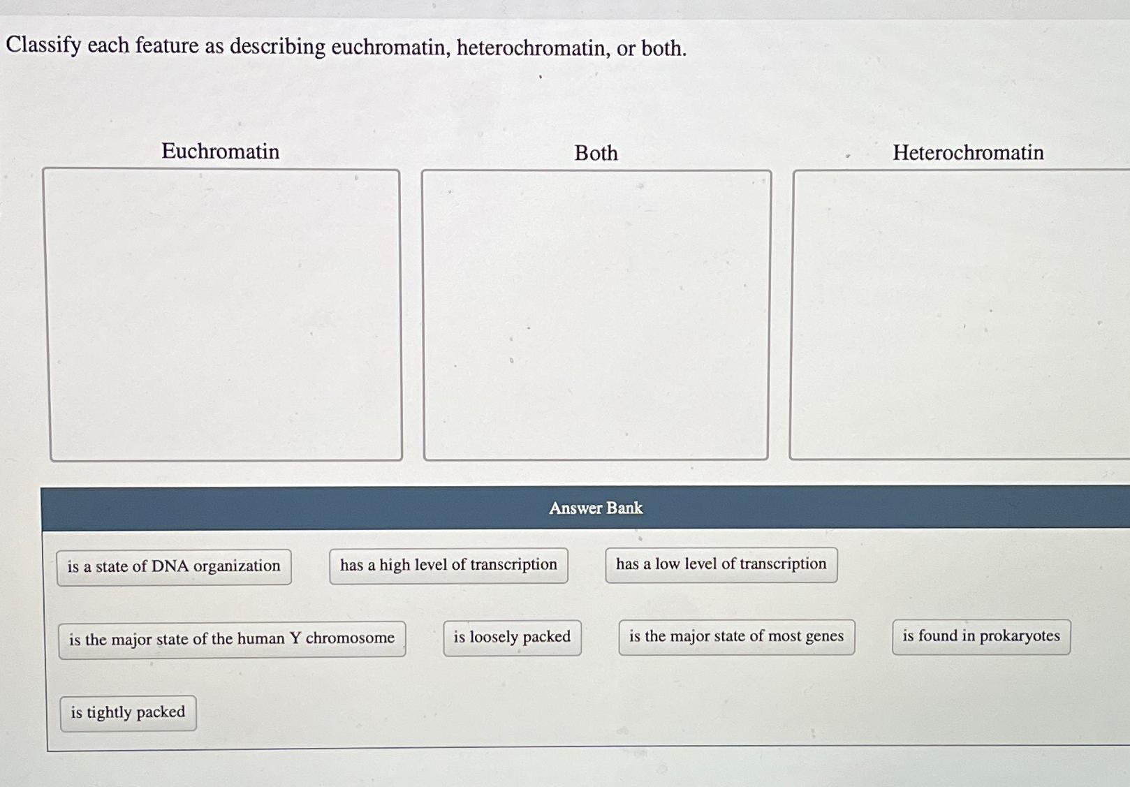 Solved Classify each feature as describing euchromatin, | Chegg.com