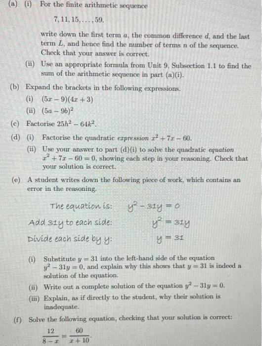 Solved (a) (i) For the finite arithmetic sequence | Chegg.com