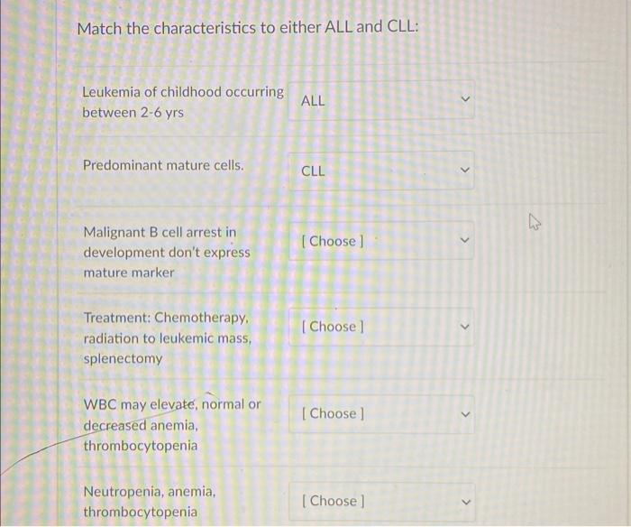 Match the characteristics to either ALL and CLL: | Chegg.com