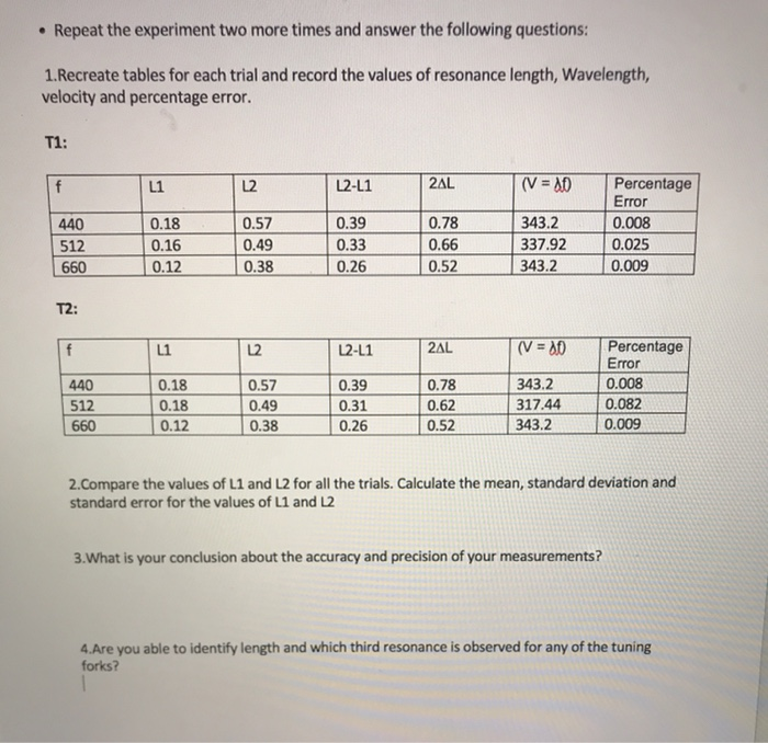 Repeat the experiment two more times and answer the | Chegg.com