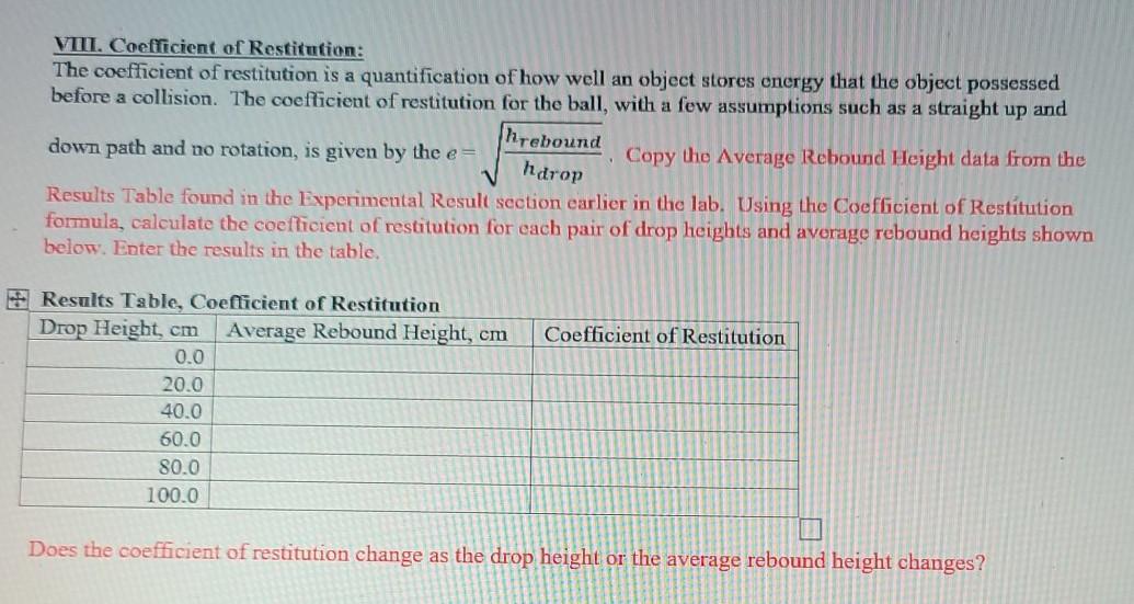 Solved Coefficient of Restitution: An Experiment | Chegg.com
