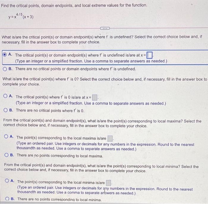 Solved Find the critical points, domain endpoints, and local | Chegg.com