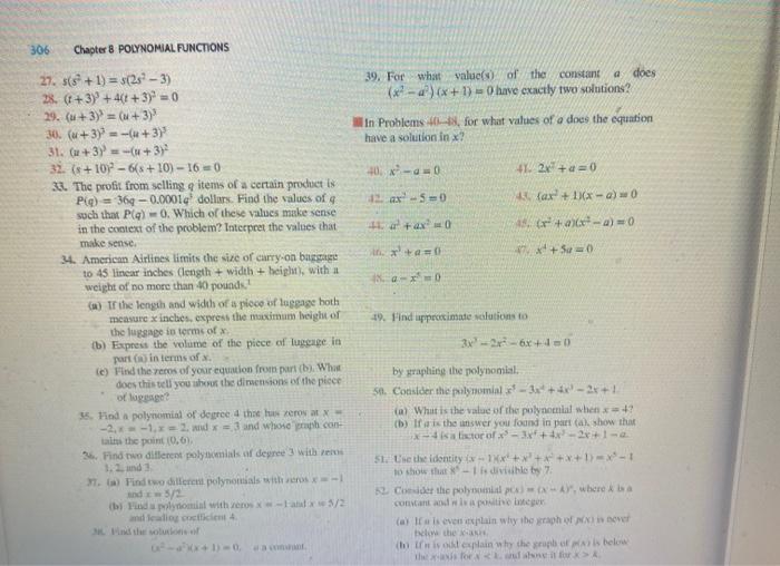 Solved 306 Chapter 8 POLYNOMIAL FUNCTIONS a 39. For what | Chegg.com