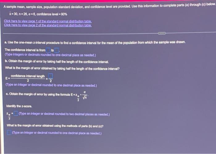 Solved A sample mean, sample size, population standard | Chegg.com