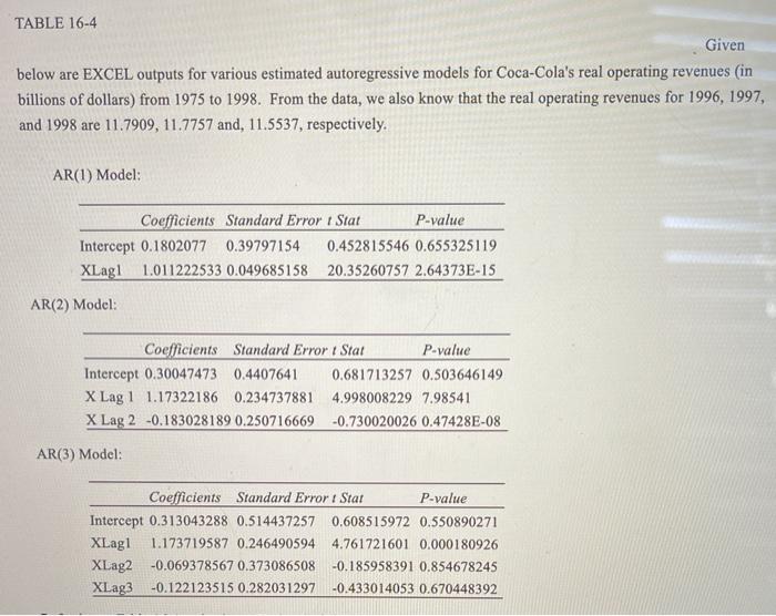 TABLE 16-4 Given below are EXCEL outputs for various | Chegg.com