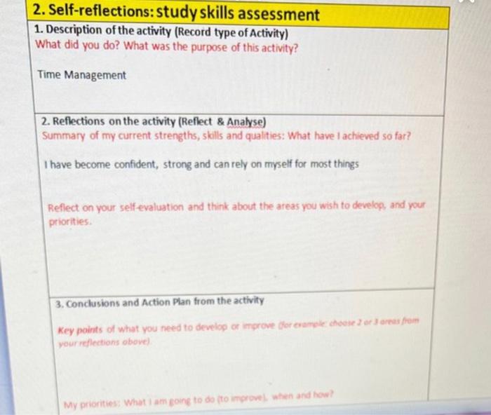 Solved 2. Self-reflections: study skills assessment 1. | Chegg.com