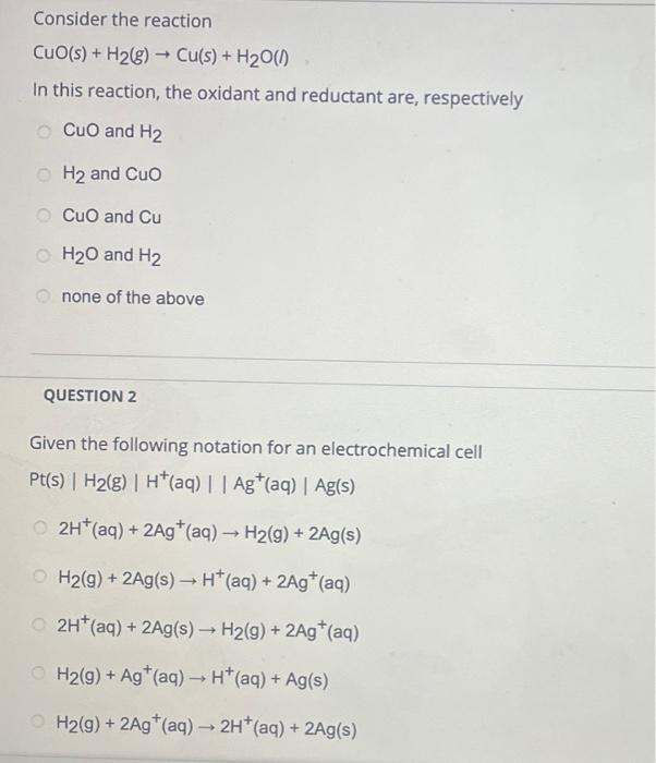 Solved Consider the reaction CuO(s)+H2( g)→Cu(s)+H2O(l) In | Chegg.com