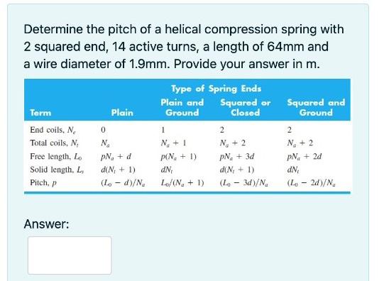 [Solved]: Determine the pitch of a helical compression spri