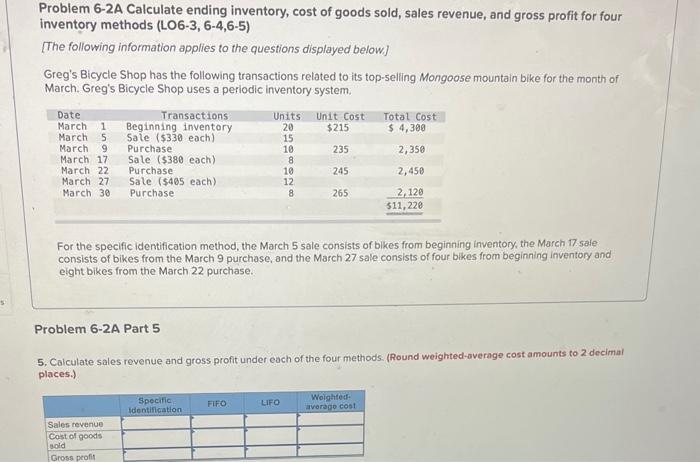 Solved Problem 6-2A Calculate ending inventory, cost of | Chegg.com