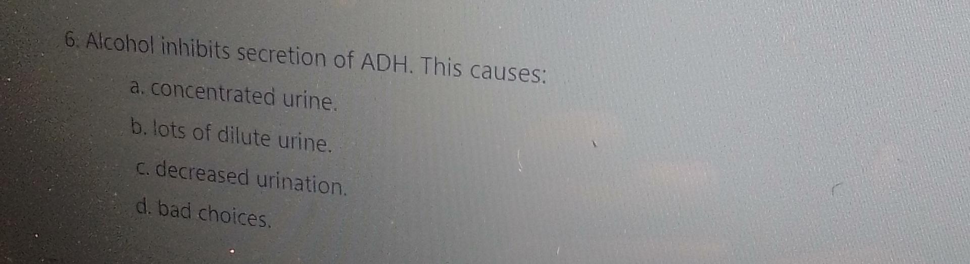 Solved Alcohol inhibits secretion of ADH. This causes:a. | Chegg.com