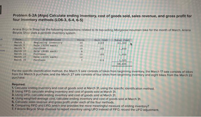 Solved Problem 6-2A (Algo) Calculate ending inventory, cost | Chegg.com