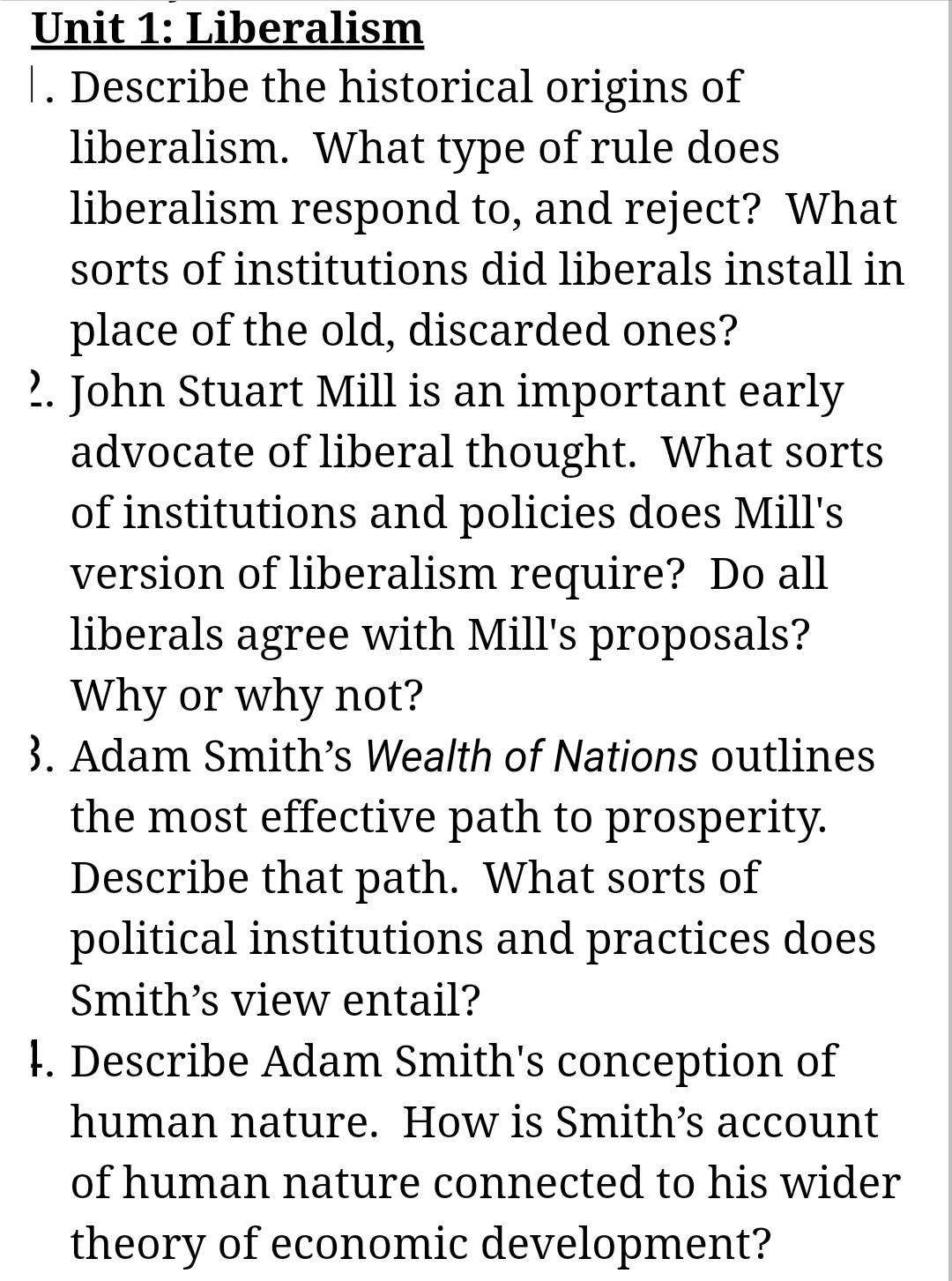 Unit 1: Liberalism 1. Describe the historical origins | Chegg.com