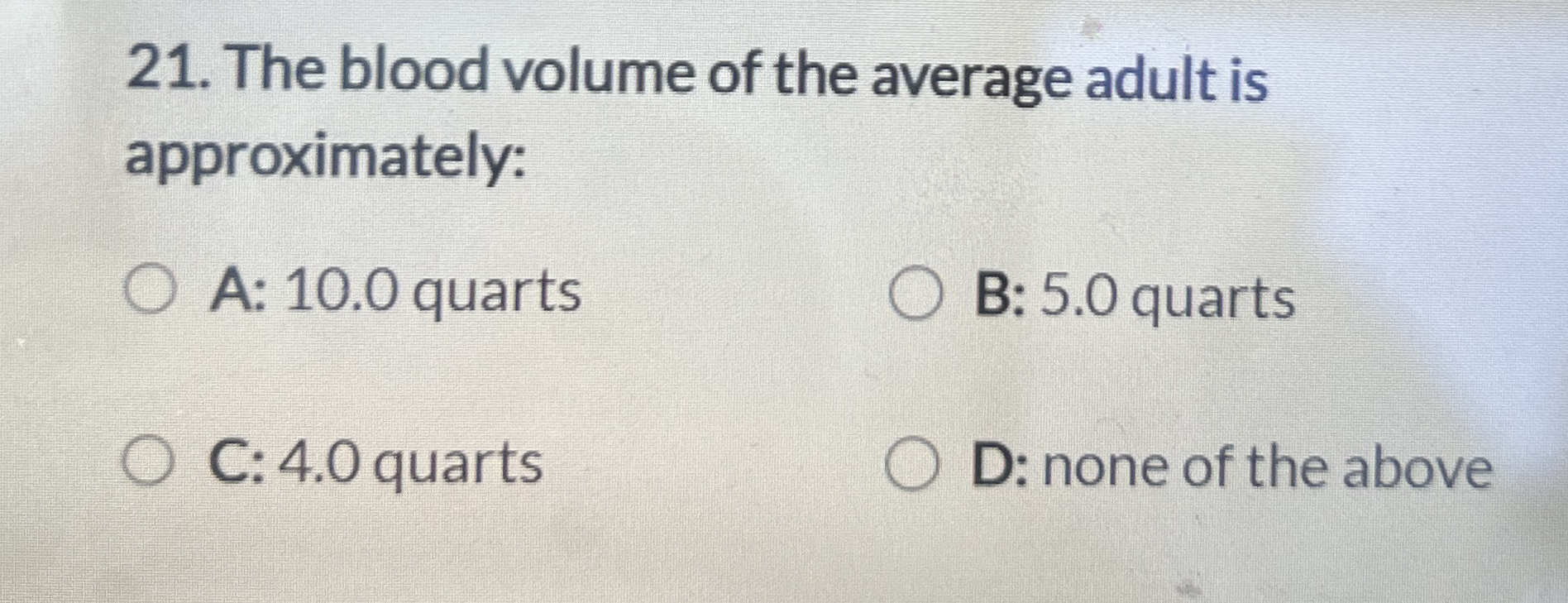 Solved The blood volume of the average adult is | Chegg.com