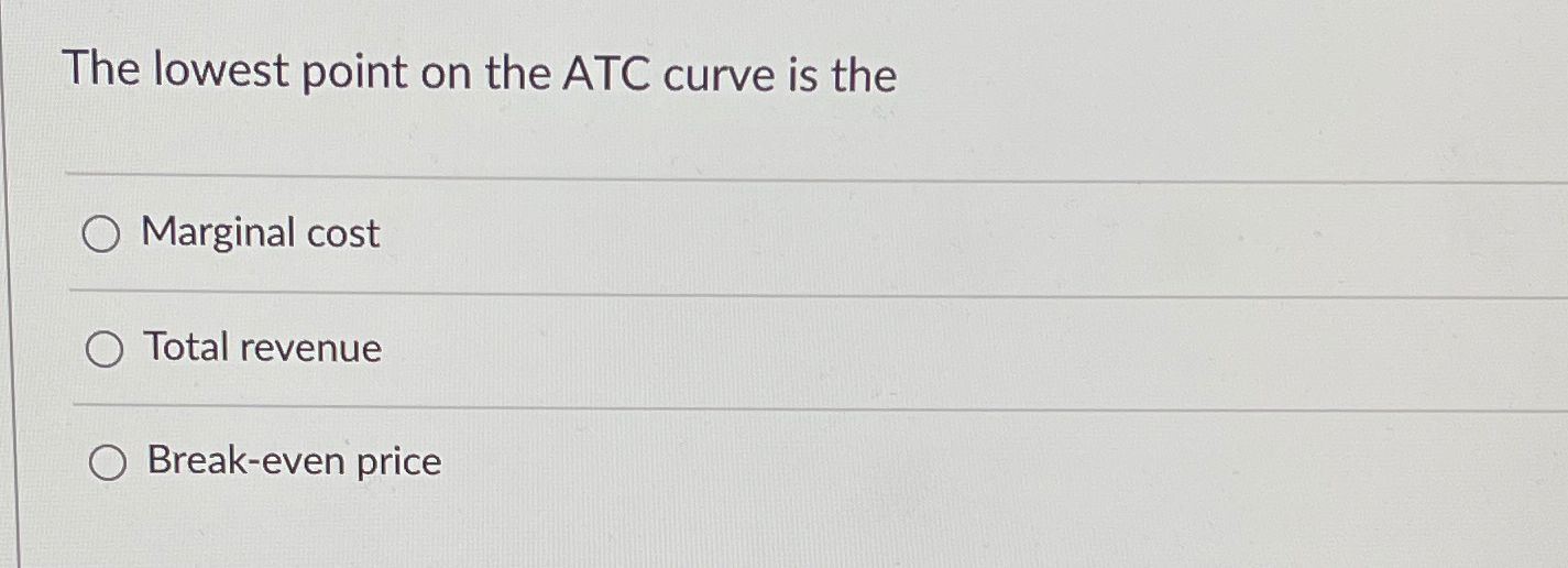 Solved The lowest point on the ATC curve is theMarginal | Chegg.com
