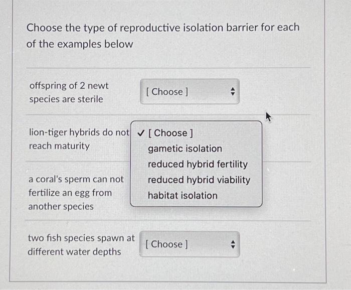 Solved Choose the type of reproductive isolation barrier for | Chegg.com