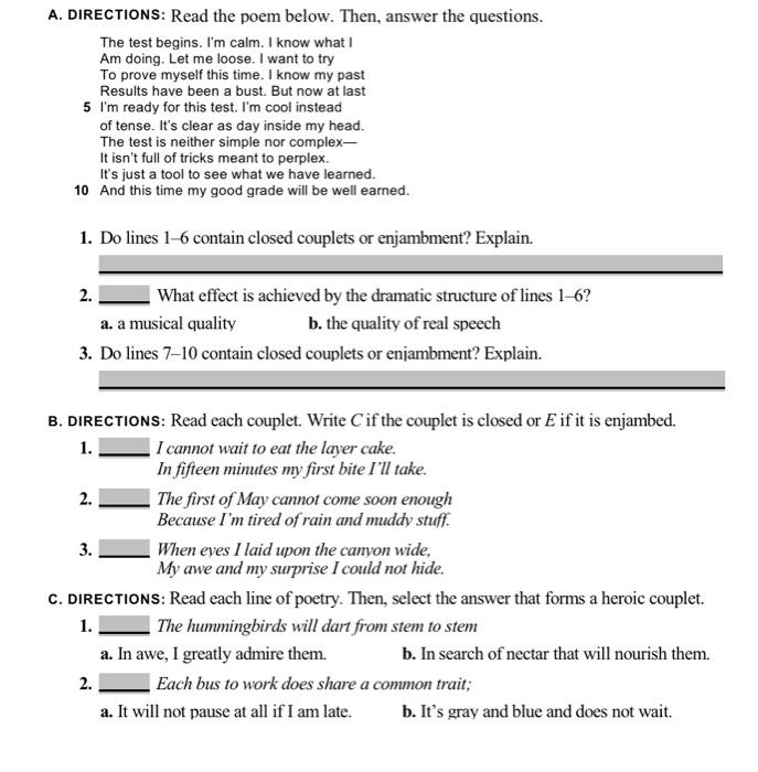 A. DIRECTIONS: Read the poem below. Then, answer the | Chegg.com