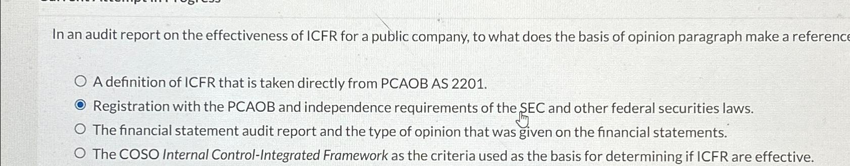 Solved In an audit report on the effectiveness of ICFR for a | Chegg.com