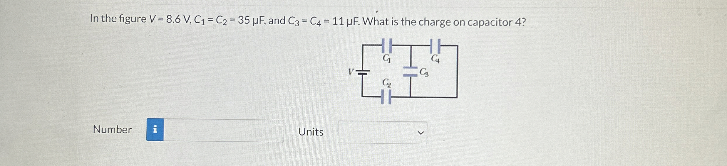 Solved In the figure V=8.6V,C1=C2=35μF, ﻿and C3=C4=11μF. | Chegg.com