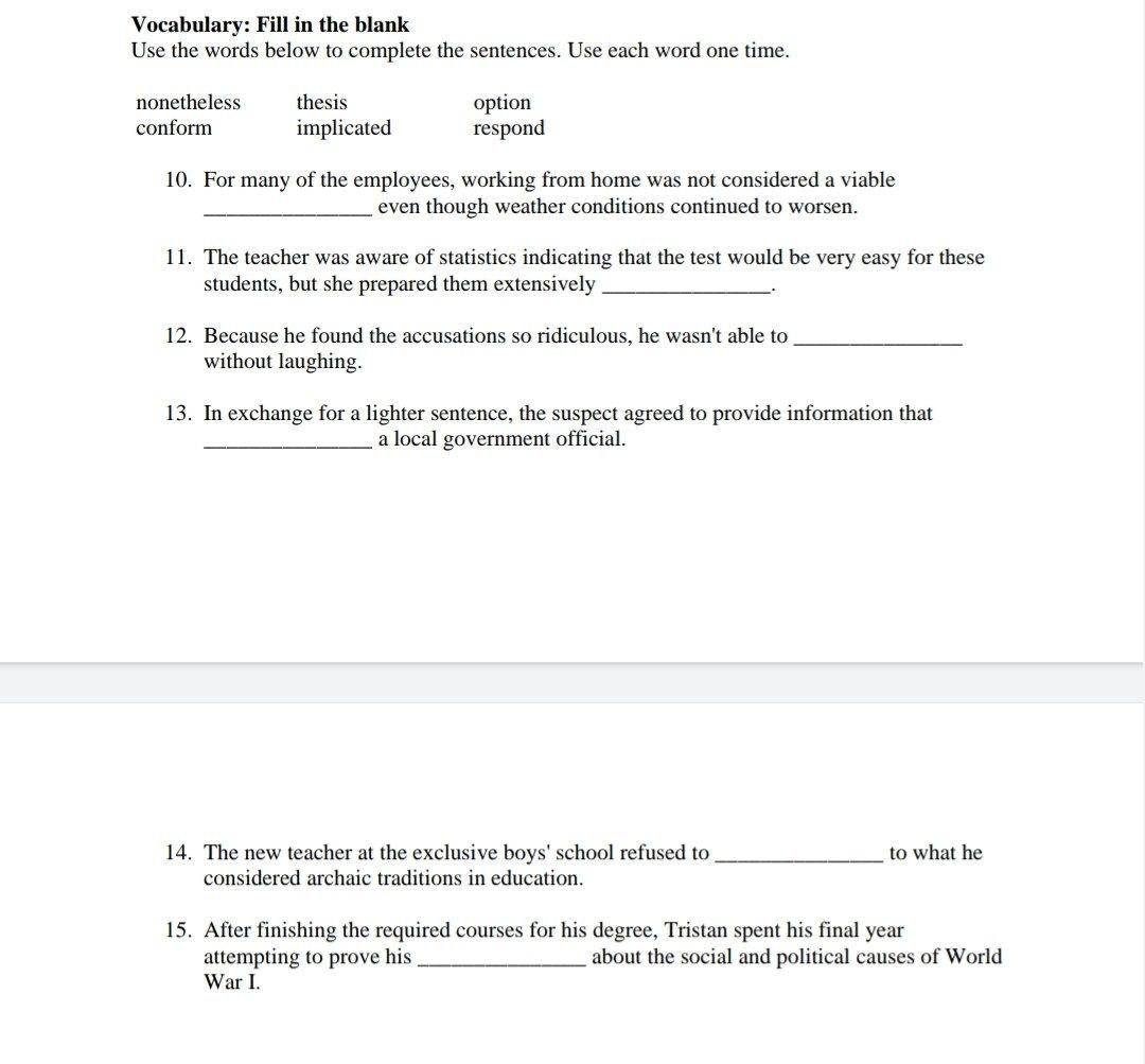 Solved Vocabulary: Fill in the blank Use the words below to | Chegg.com