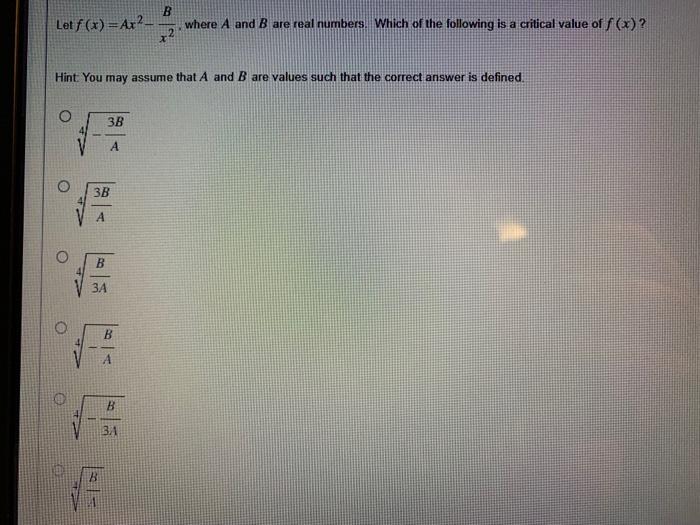 Solved Let f(x)=Ax2−x2B, where A and B are real numbers. | Chegg.com