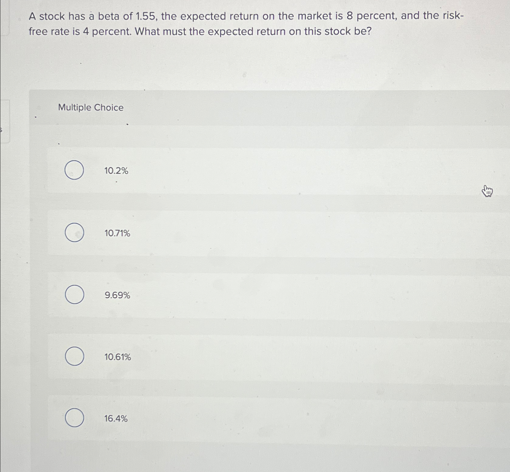 Solved A stock has a beta of 1.55 , ﻿the expected return on | Chegg.com