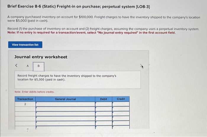 Solved Brief Exercise 8-6 (Static) Freight-in on purchase; | Chegg.com