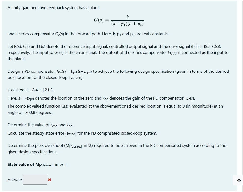 Solved A unity gain negative feedback system has a | Chegg.com