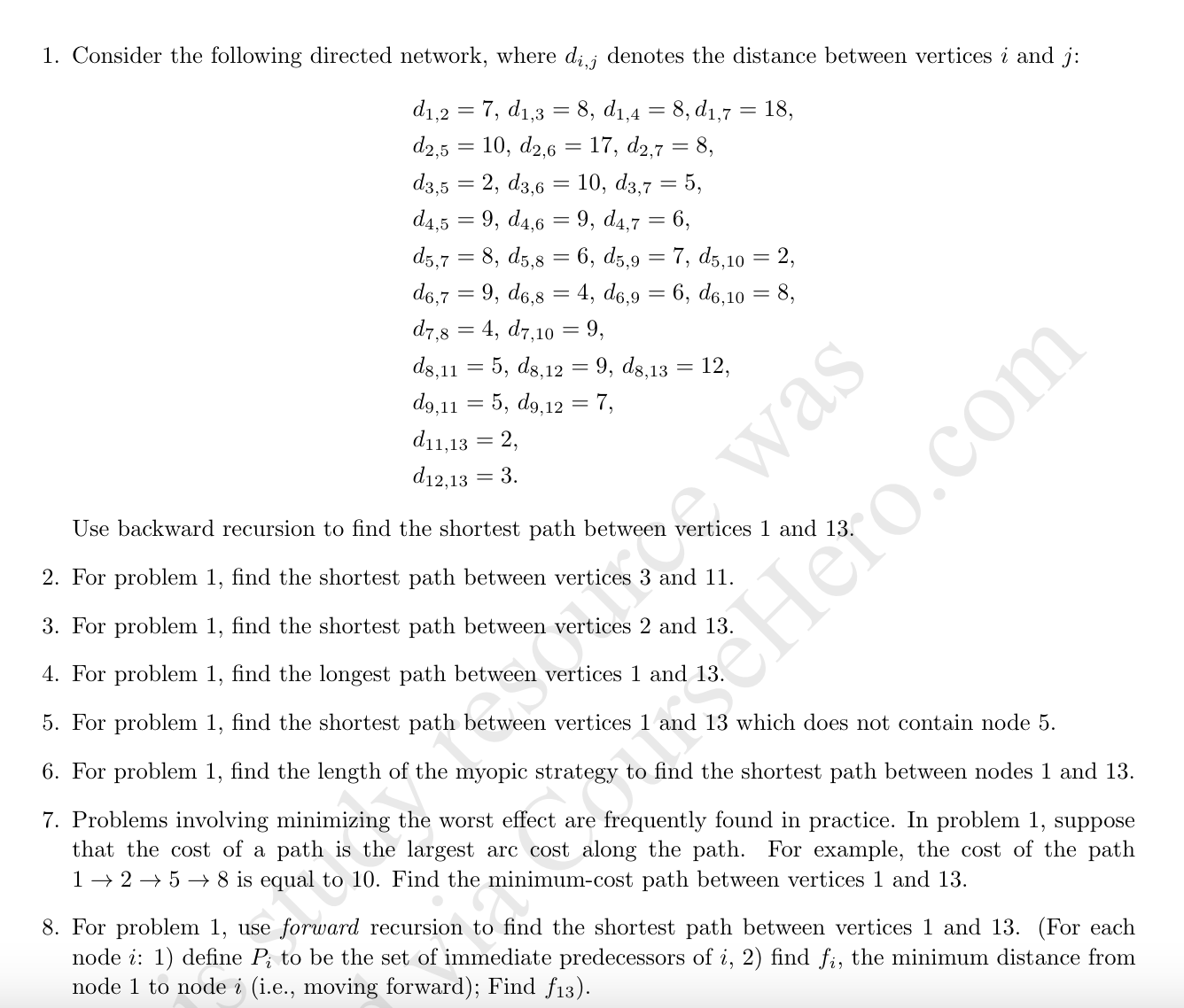 Solved Consider the following directed network, where di,j | Chegg.com