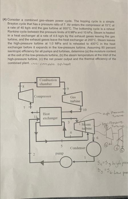 Solved (4) Consider a combined gas-steam power cycle. The | Chegg.com