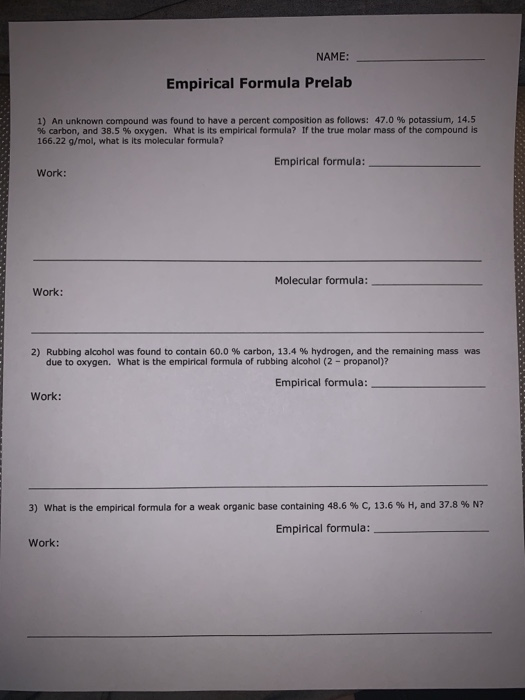 Solved NAME: Empirical Formula Prelab 1) An unknown compound | Chegg.com