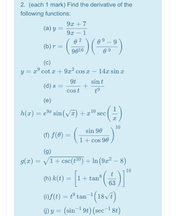 Solved 2. (each 1 mark) Find the derivative of the following | Chegg.com