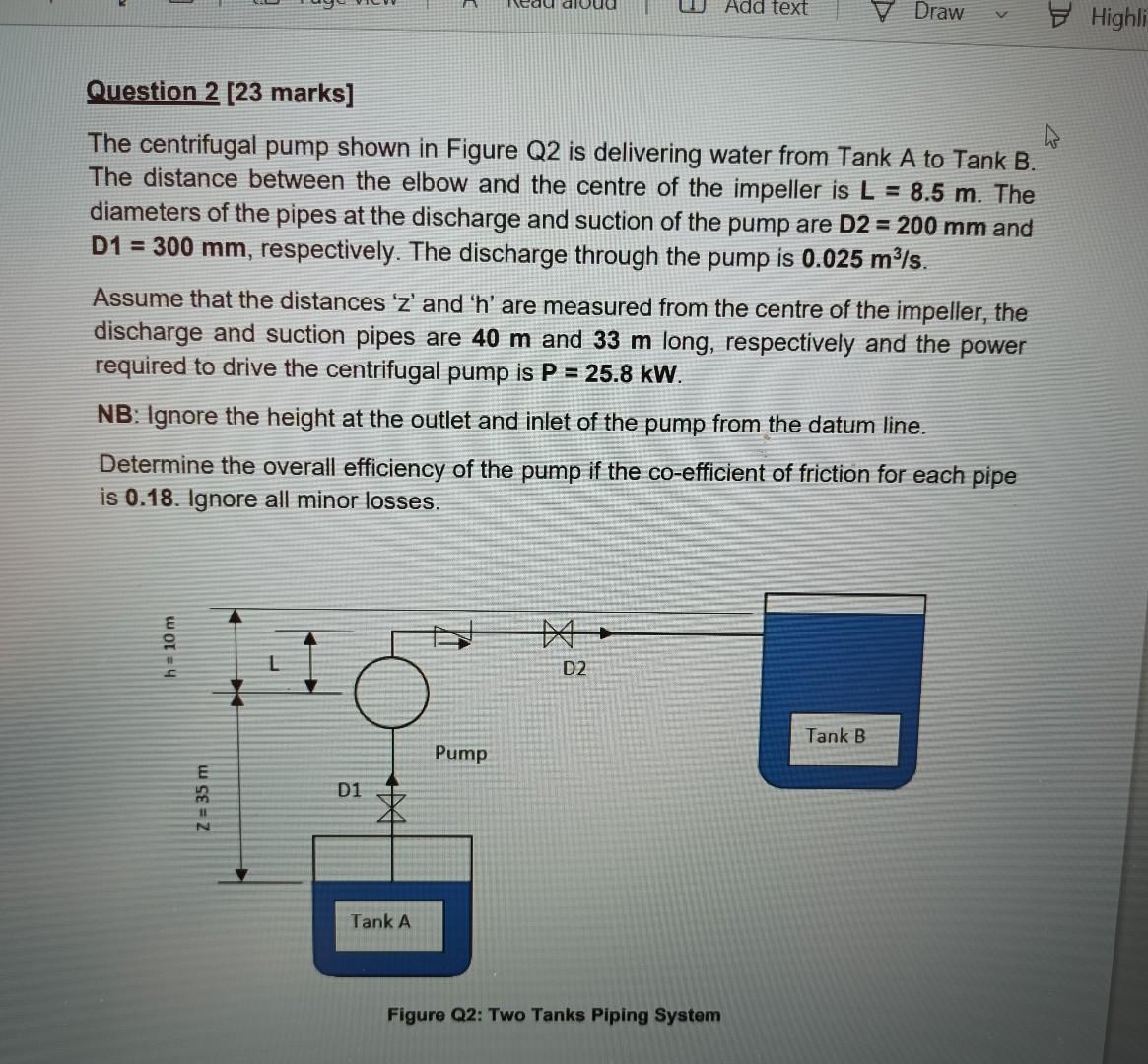 Solved The centrifugal pump shown in Figure Q2 is delivering | Chegg.com