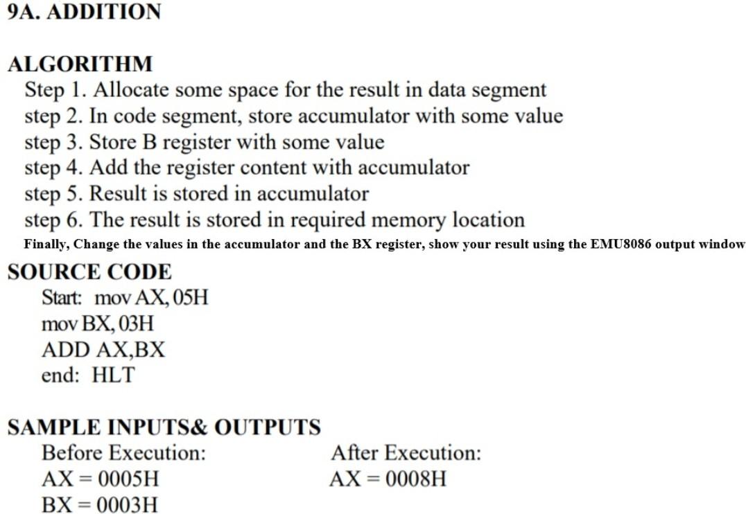 Solved 9a Addition Algorithm Step 1 Allocate Some Space