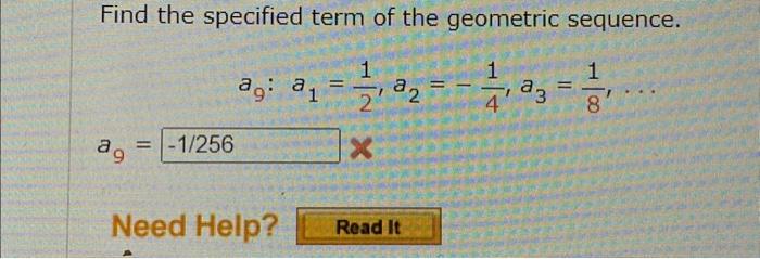 Solved Find the specified term of the geometric sequence. | Chegg.com