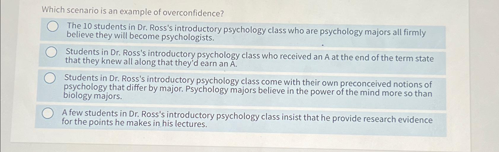 Solved Which scenario is an example of overconfidence?The 10 | Chegg.com