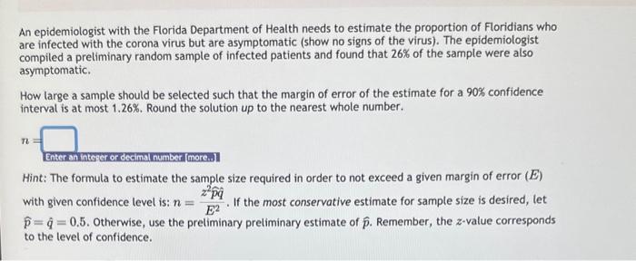Solved An epidemiologist with the Florida Department of | Chegg.com