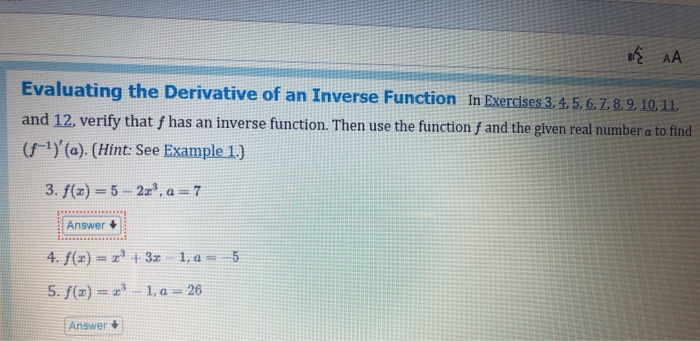 Solved į AA Evaluating the Derivative of an Inverse Function | Chegg.com