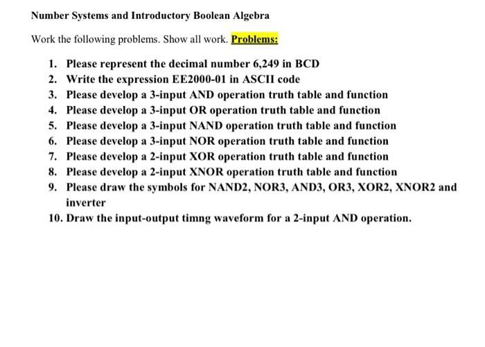 Number Systems and Introductory Boolean Algebra Work | Chegg.com