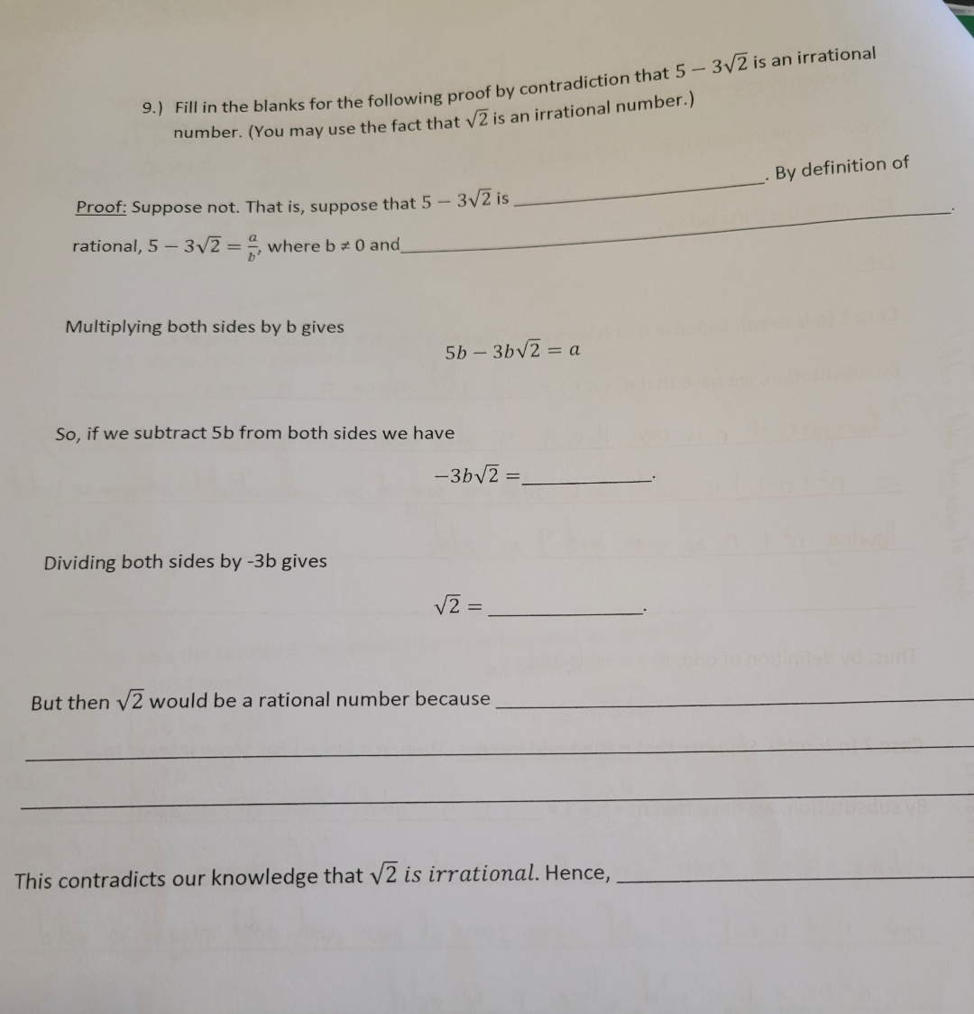Solved 9.) ﻿Fill in the blanks for the following proof by | Chegg.com