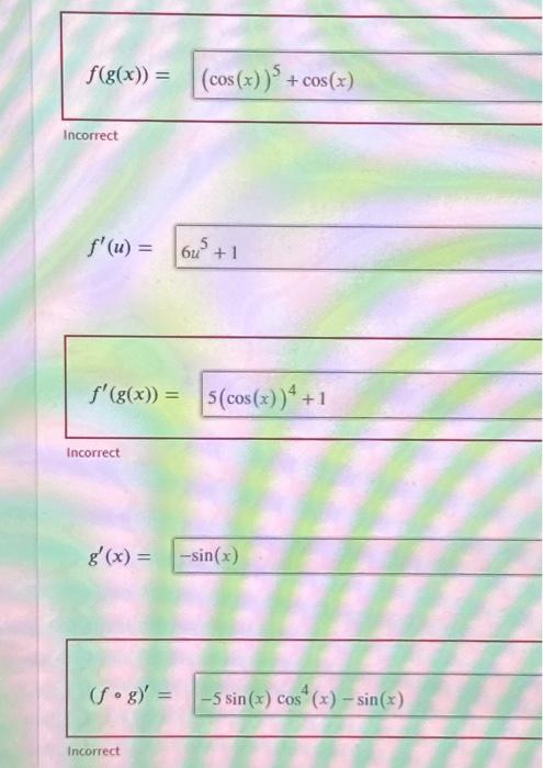Solved Consider the functions. f(u)=u6+ug(x)=cos(x) Find the | Chegg.com