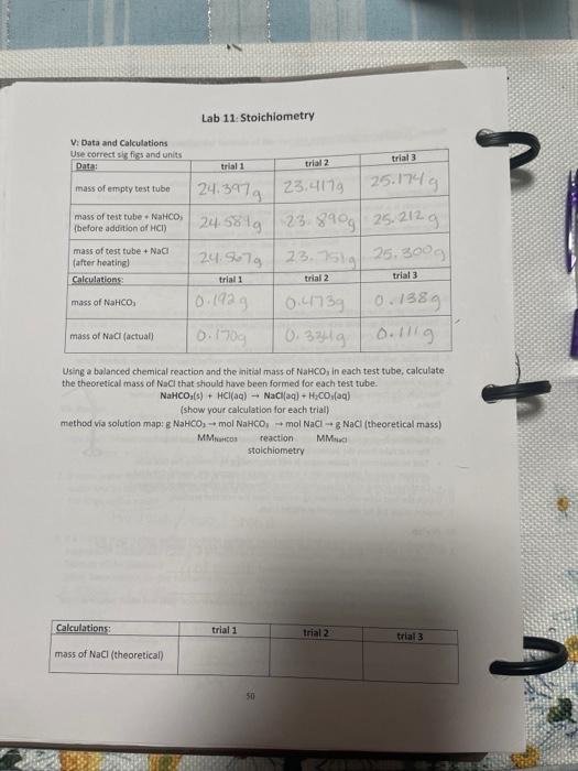 Solved Lab 11: Stoichiometry V1 Data and Calculations Using | Chegg.com