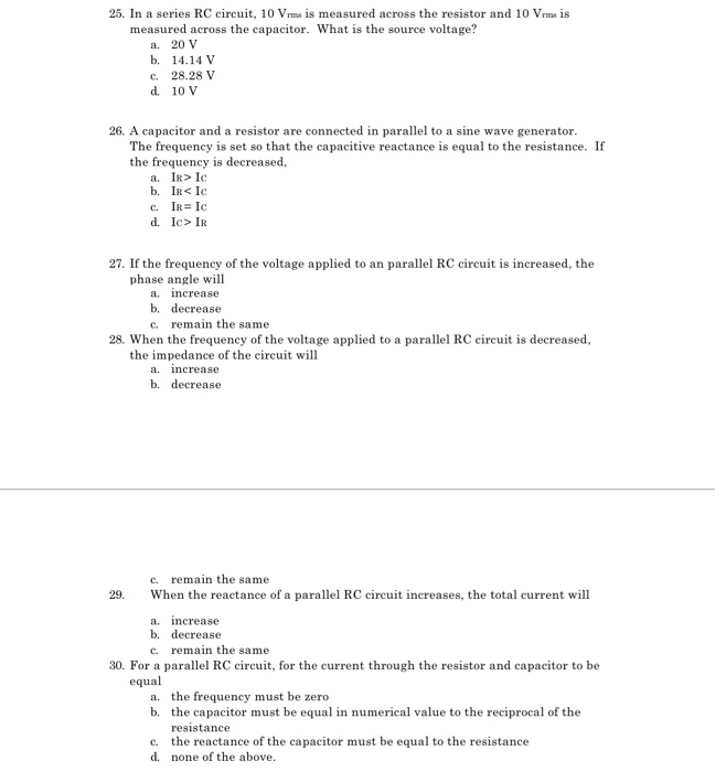 Solved 25. In a series RC circuit, 10 Vrms is measured | Chegg.com