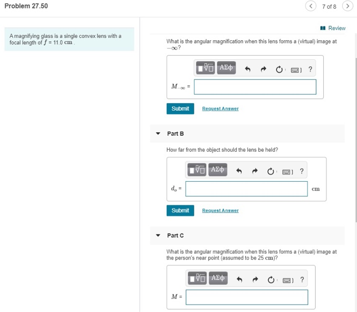 Solved Problem 27.50 7 of 8 > A magnifying glass is a single | Chegg.com