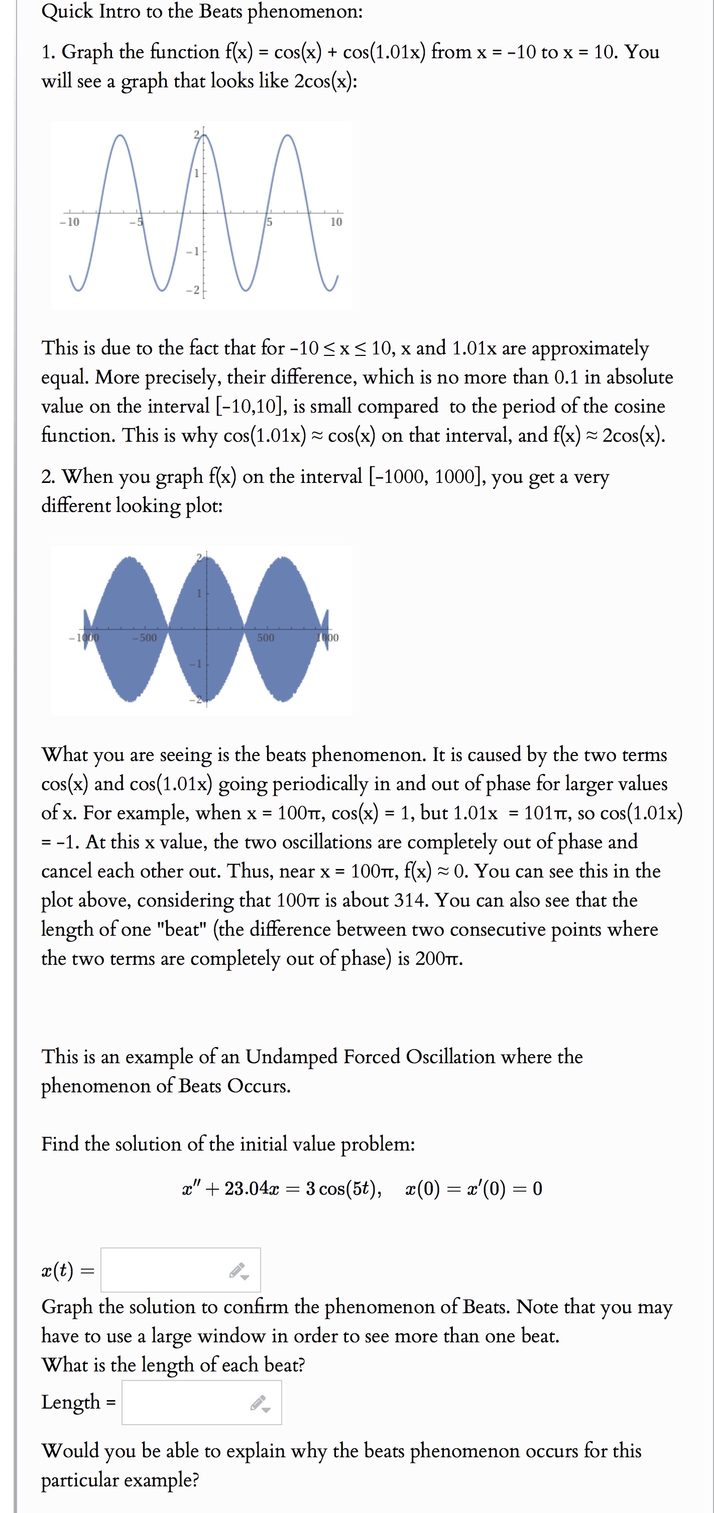 Solved Quick Intro to the Beats phenomenon:Graph the | Chegg.com