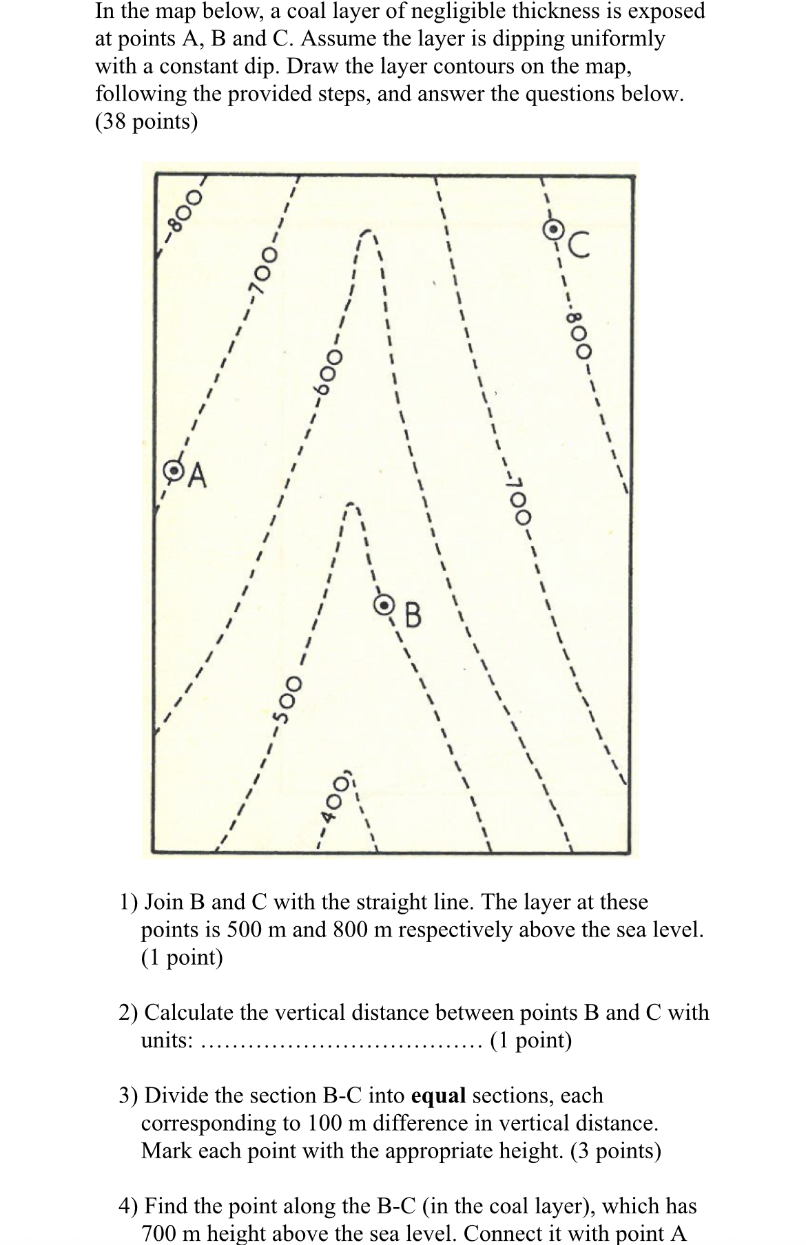 Solved Three point problem AIn the map below, a coal layer | Chegg.com